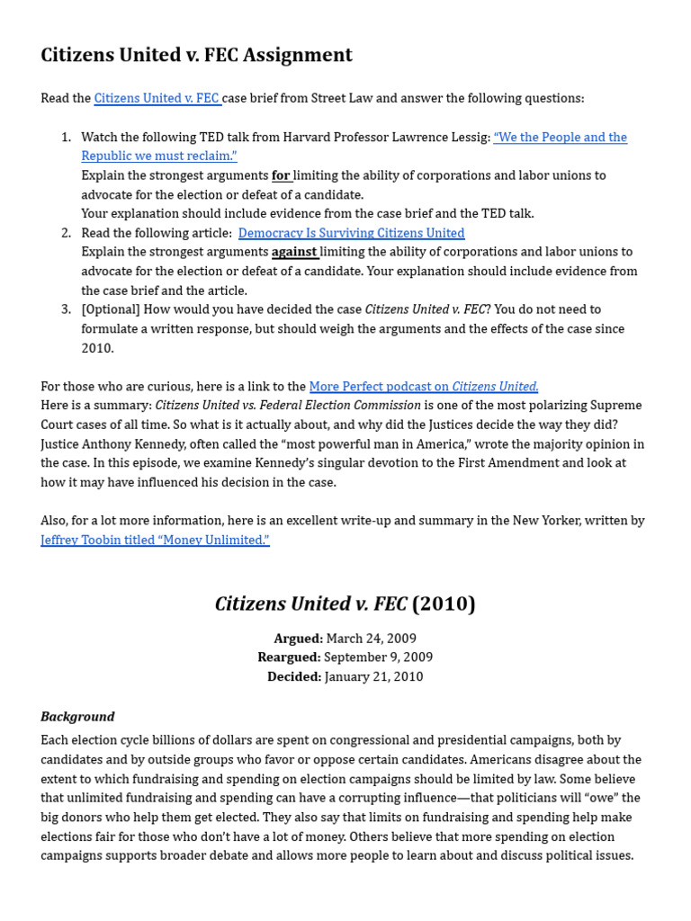 Citizens United Case Analysis and Debate | PDF | Citizens United V. Fec ...