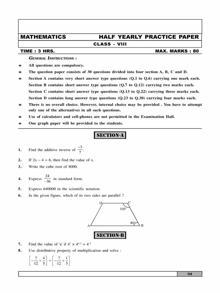 8-Mathematics-Half Yearly Practice Paper Thfkya | PDF