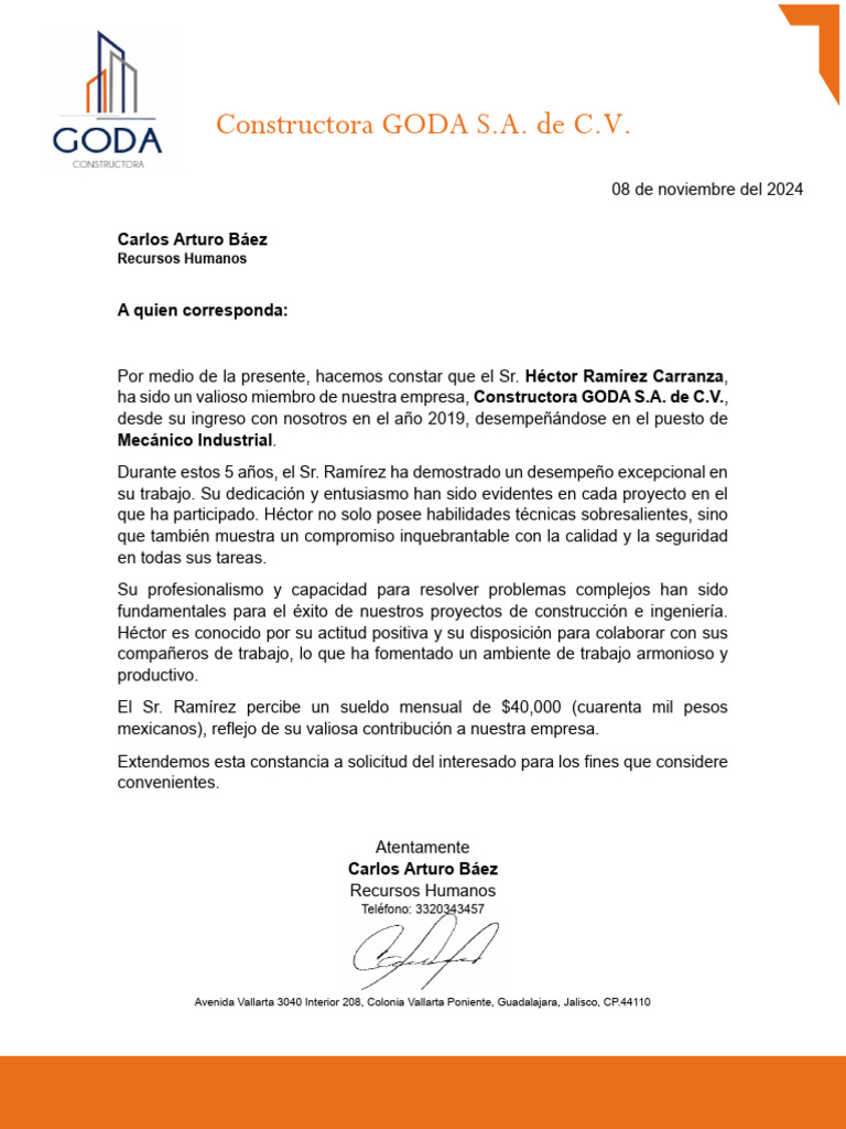Carta Laboral Constructora GODA | PDF