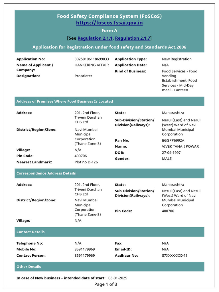 Hankering Affairs FSSAI Application | PDF | Justice | Crime & Violence