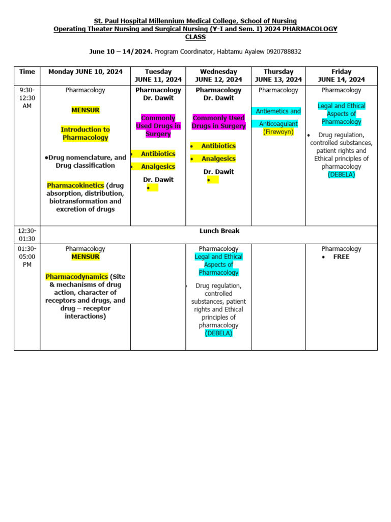 10-14 June 2024 Pharmacology Class For OR and SN | PDF | Pharmacology ...