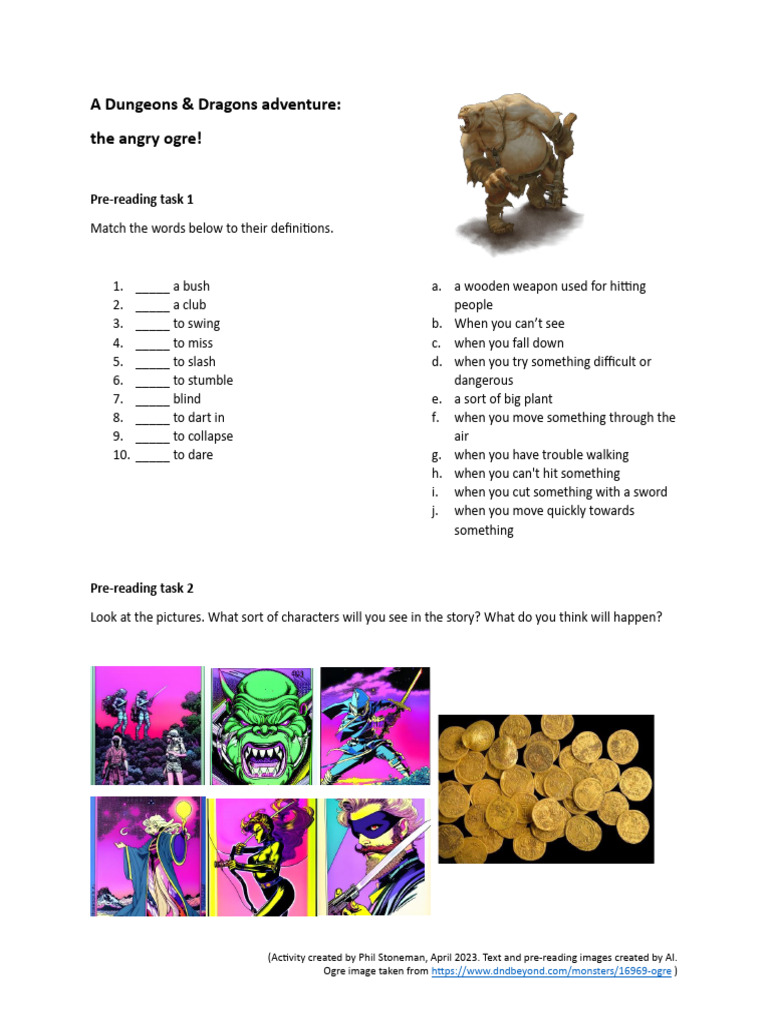 A Dungeons & Dragons Adventure: The Angry Ogre!: Pre-Reading Task 1 | PDF