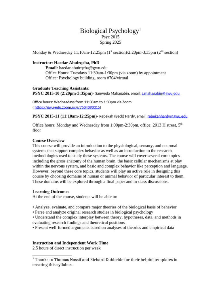 GWU Psyc2015 SPRING25syllabus | PDF | Behavioral Neuroscience | Psychology