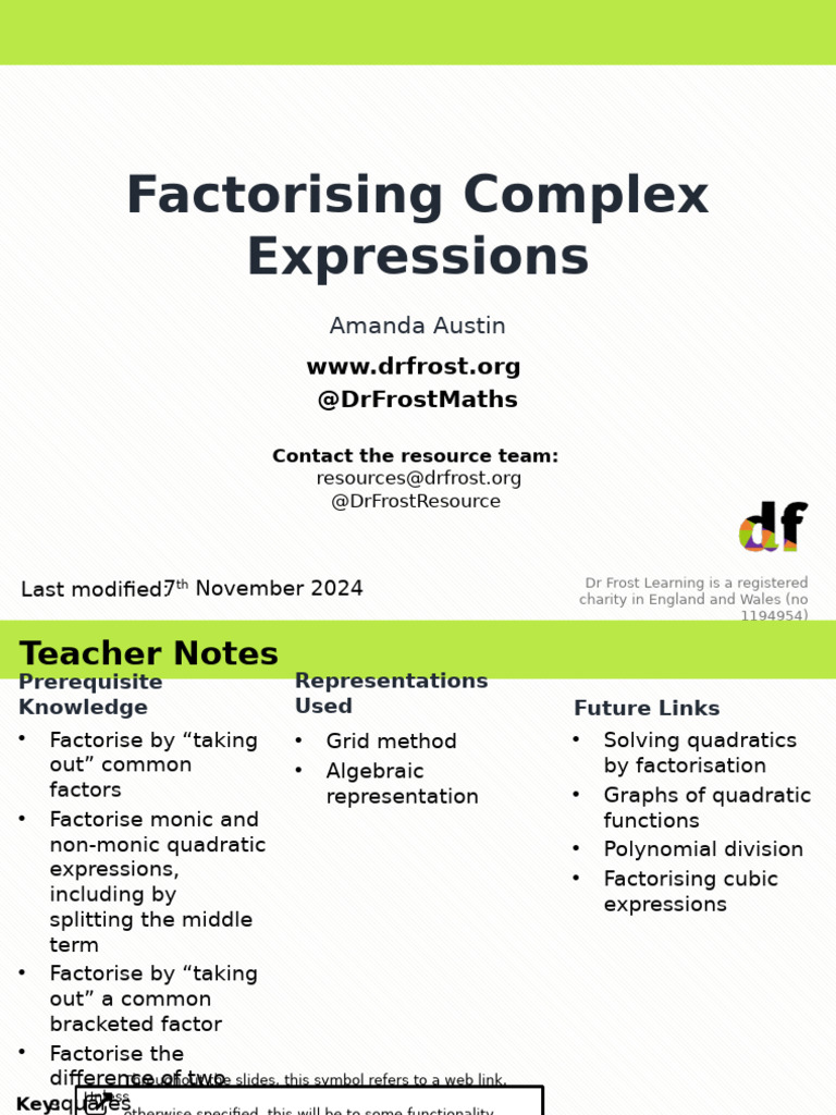 Factorising Complex Expressions - Lesson | PDF | Factorization | Quadratic Equation