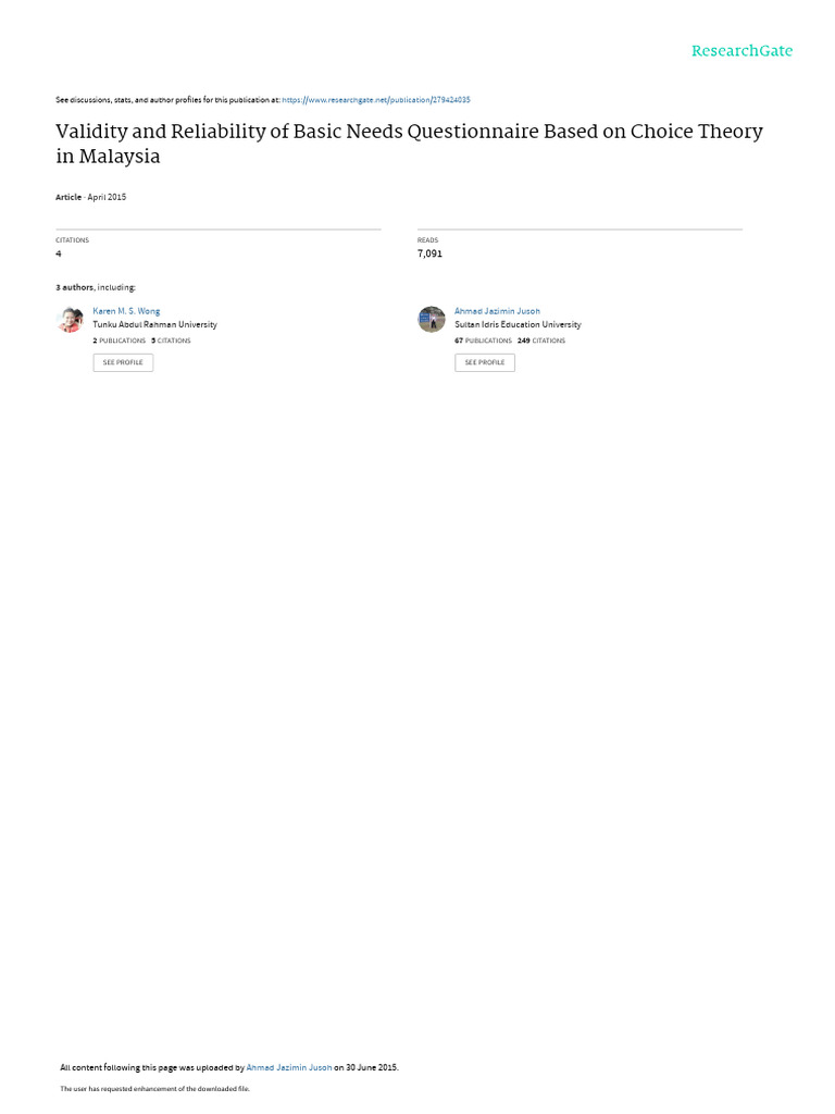 IJCAS RealibilityValidityBasicNeedsQuestionnaire | PDF | Validity ...