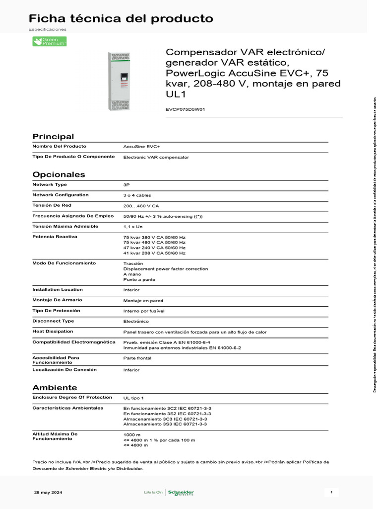 Schneider Electric_PowerLogic-AccuSine-EVC-Plus_EVCP075D5W01 | PDF