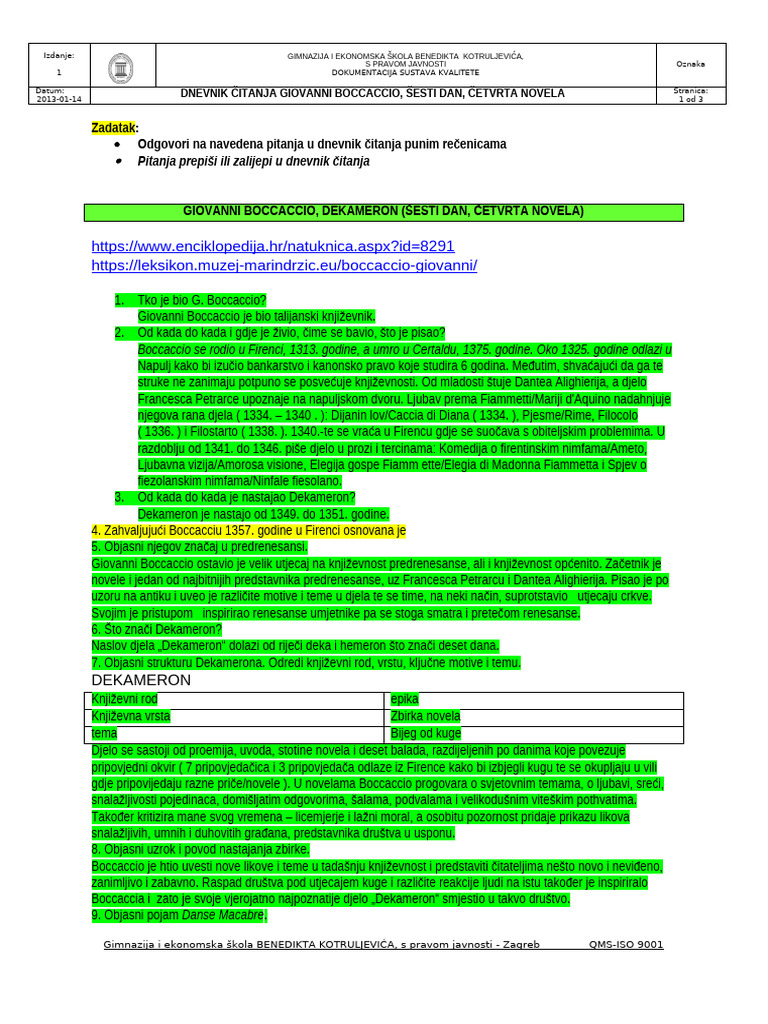 Smjernice Za Dnevnik Citanja BOCCACCIO DEKAMERON SESTI DAN CETVRTA NOVELA | PDF