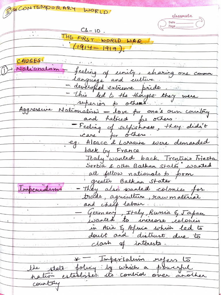 First World War - Class 10 ICSE Civics Notes | PDF