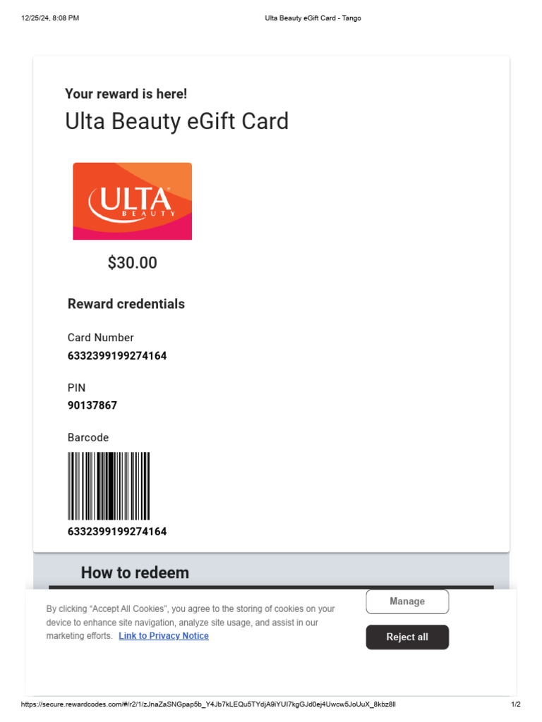 Ulta Beauty $30 eGift Card Redemption | PDF