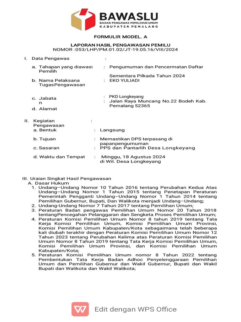 Pengawasan DPS Pilkada 2024 Longkeyang | PDF