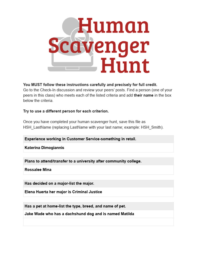 Human Scavenger Hunt Instructions | PDF