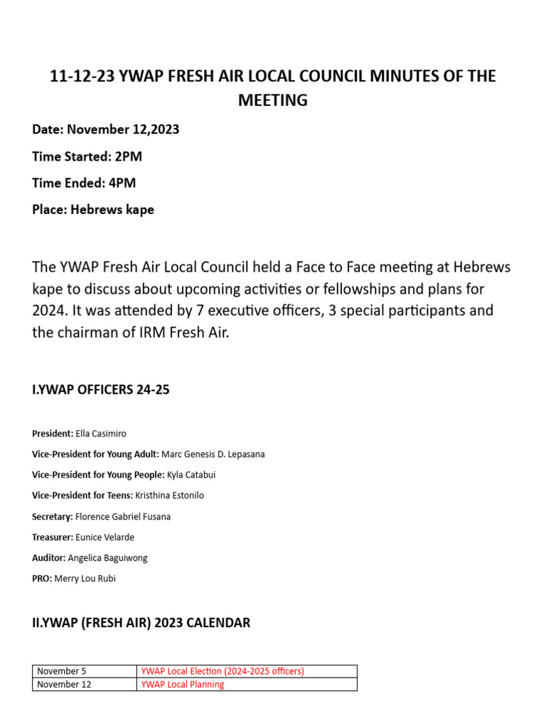 YWAP Fresh Air Council Meeting Minutes | PDF