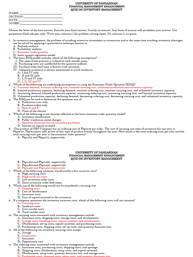 Inventory Management Quiz for Students | PDF | Inventory | Economies