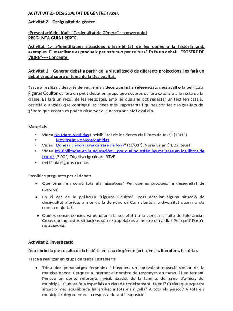 ACTIVITAT 2. Desigualtat de Genere | PDF