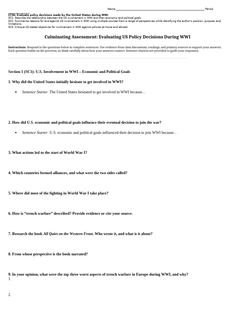 LT3A Culminating Assessment | PDF | World War I | Public Opinion