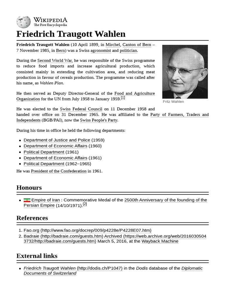 Swiss Agronomist & Politician Wahlen | PDF