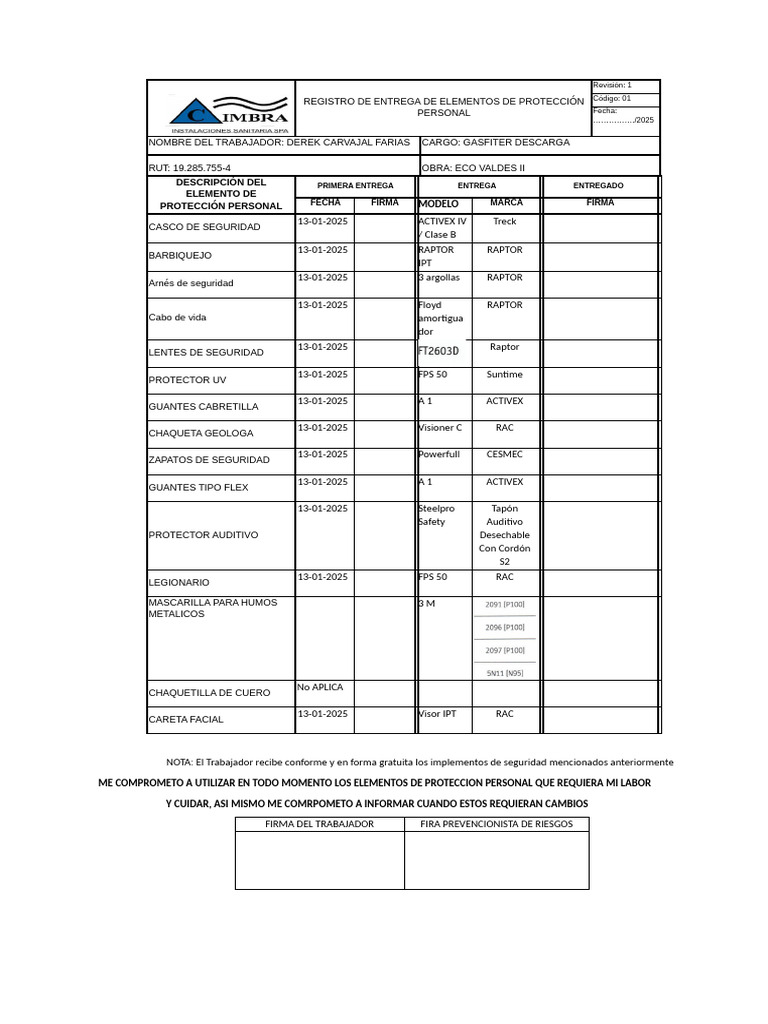 Entrega de EPP DEREK | PDF