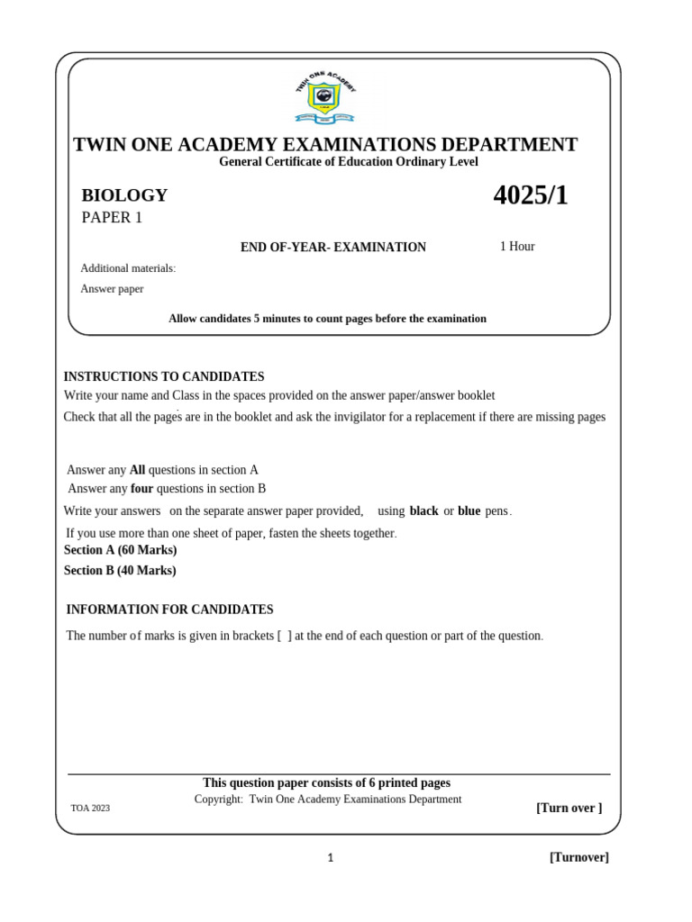 BIOLOGY FORM 3 PAPER 1 | PDF | Zygosity | Allele