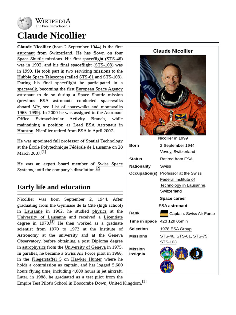 Claude Nicollier | PDF | Spaceflight | Nasa Programs