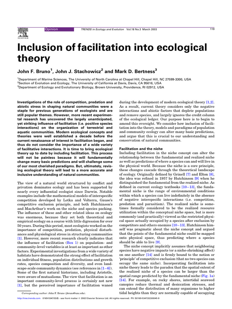 Bruno Et Al - 2003 - Inclusion of Facilitation Into Ecological Theory | PDF | Ecological Niche ...