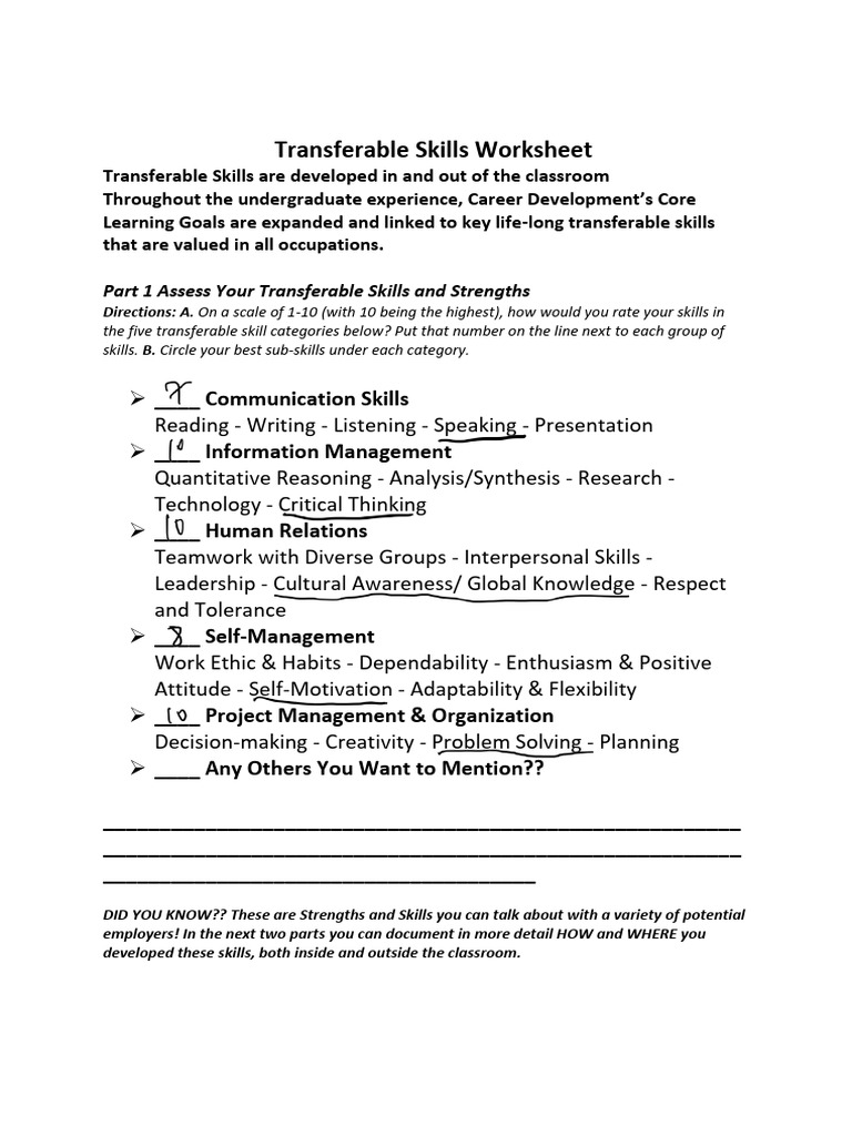 Transferable Skills Worksheet | PDF | Skill | Data