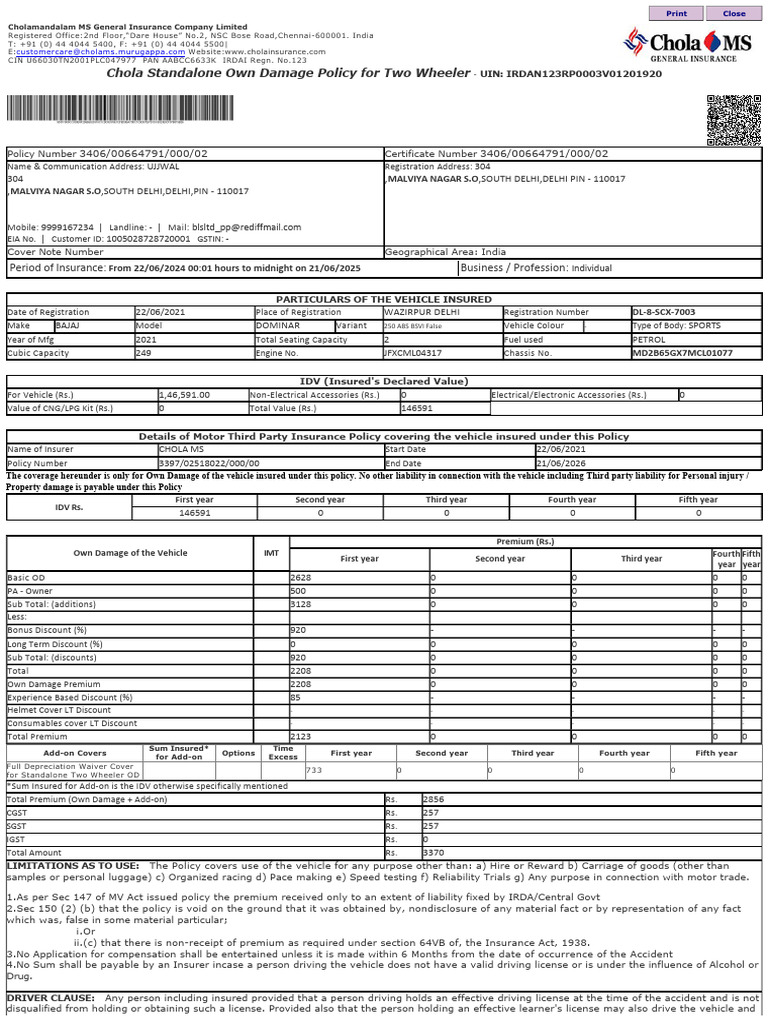 Two-Wheeler Insurance Policy Details | PDF | Insurance | Deductible