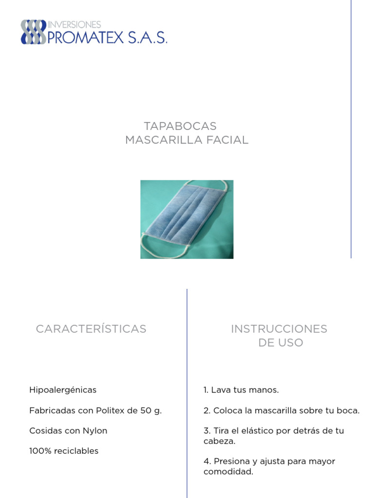 Ficha Tecnica Tapabocas Promatex 543410991 | PDF