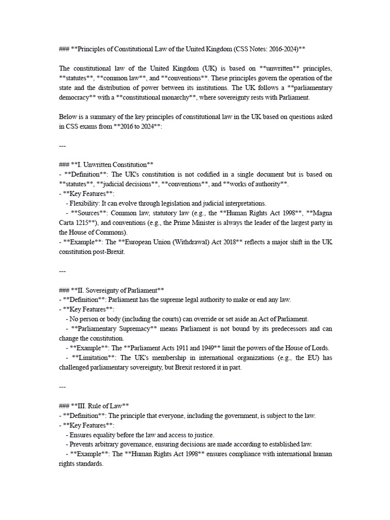 UK Constitutional Law Principles | PDF | Separation Of Powers ...