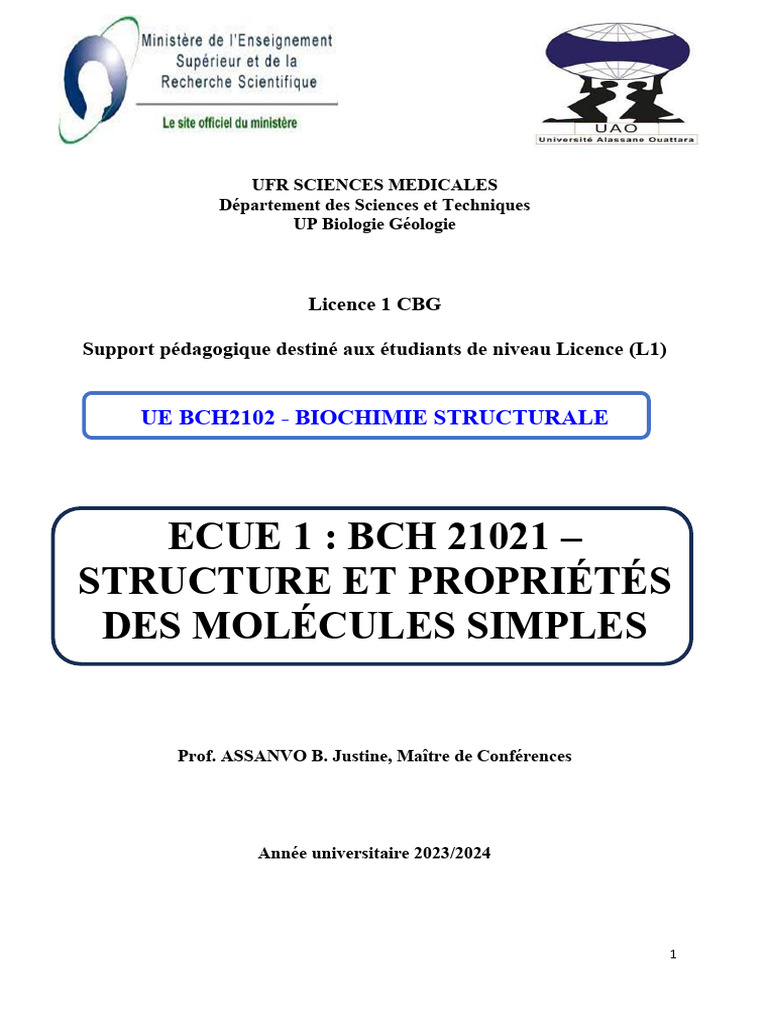 1 Cours Biochimie Structurale - L1 - Molécules Simples - OSES - Prof ...