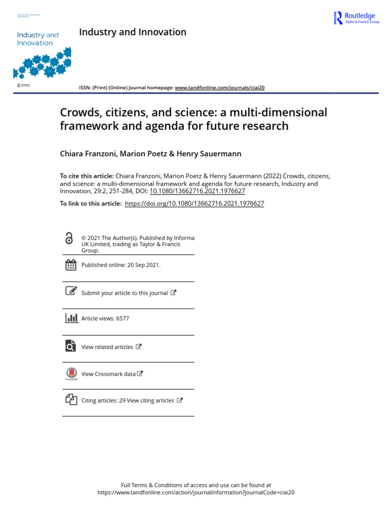 Crowds Citizens and Science a Multi-dimensional Framework and Agenda for Future Research | PDF ...