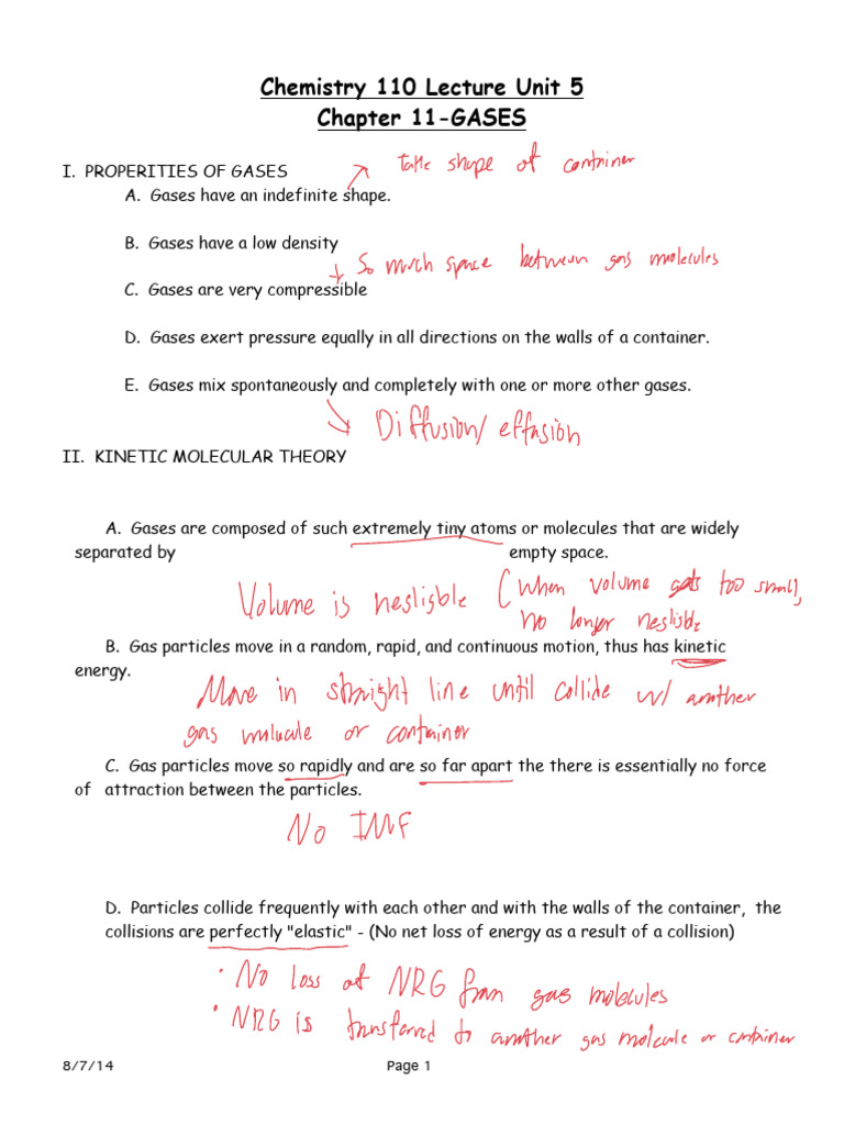 Chem 110 Unit 5 Lecture Outline 2014 Used | PDF | Gases ...
