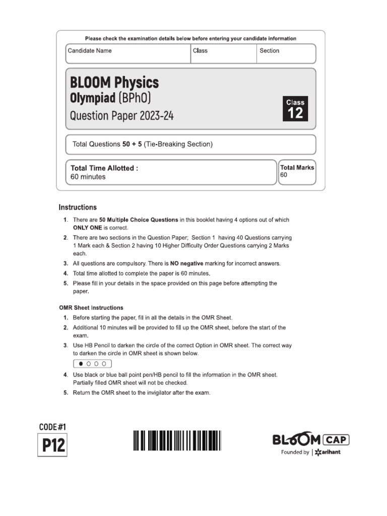 Bloom Olympiad Physics 12th P12 Pdf