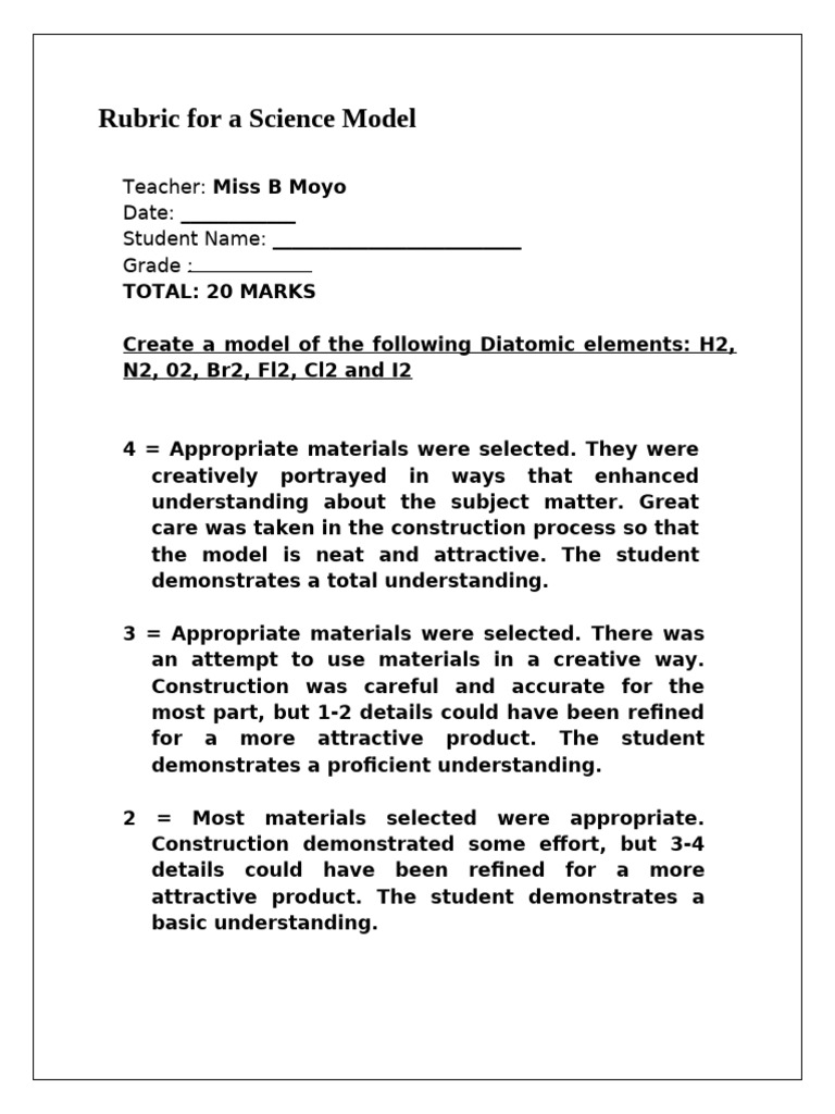 Rubric For A Science Model GRADE 8 | PDF
