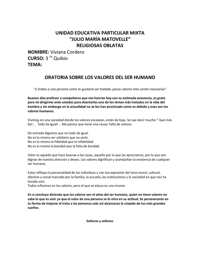Oratoria Sobre Los Valores Del Ser Humano