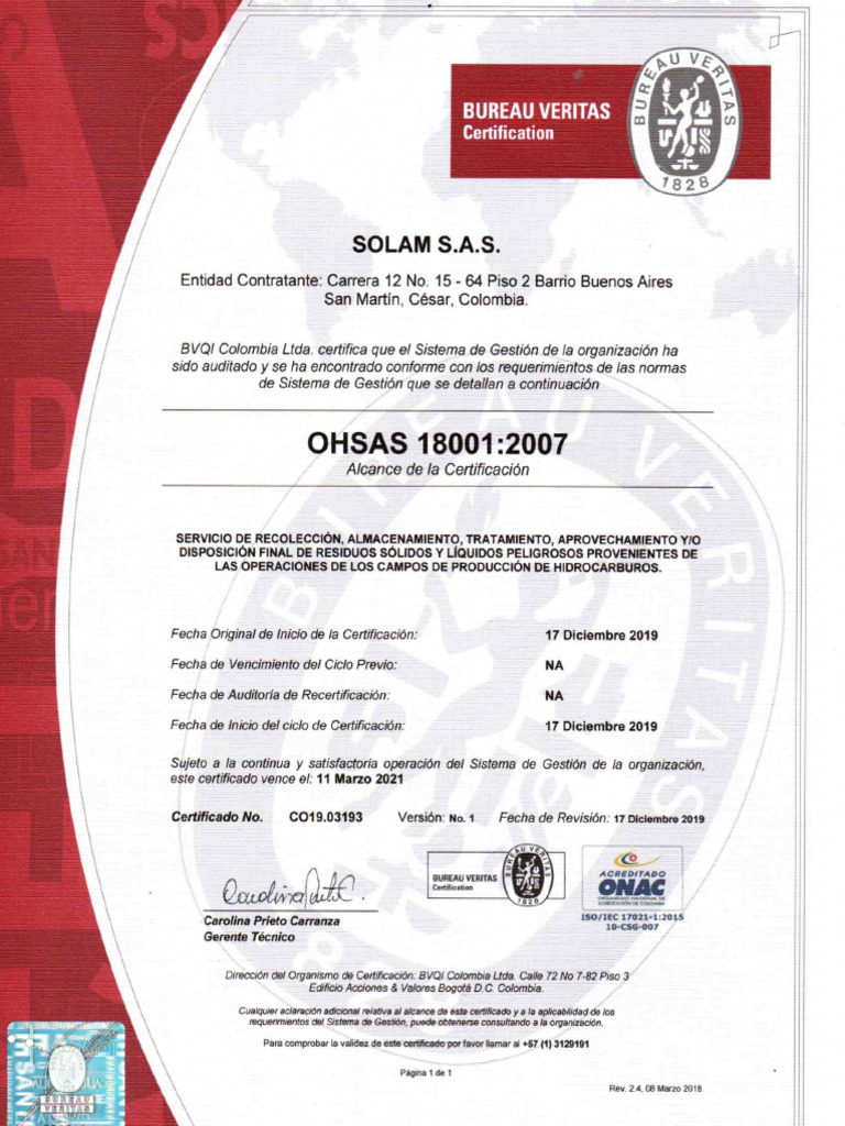 Certificacion Bureau Veritas Iso 18001.2015 | PDF