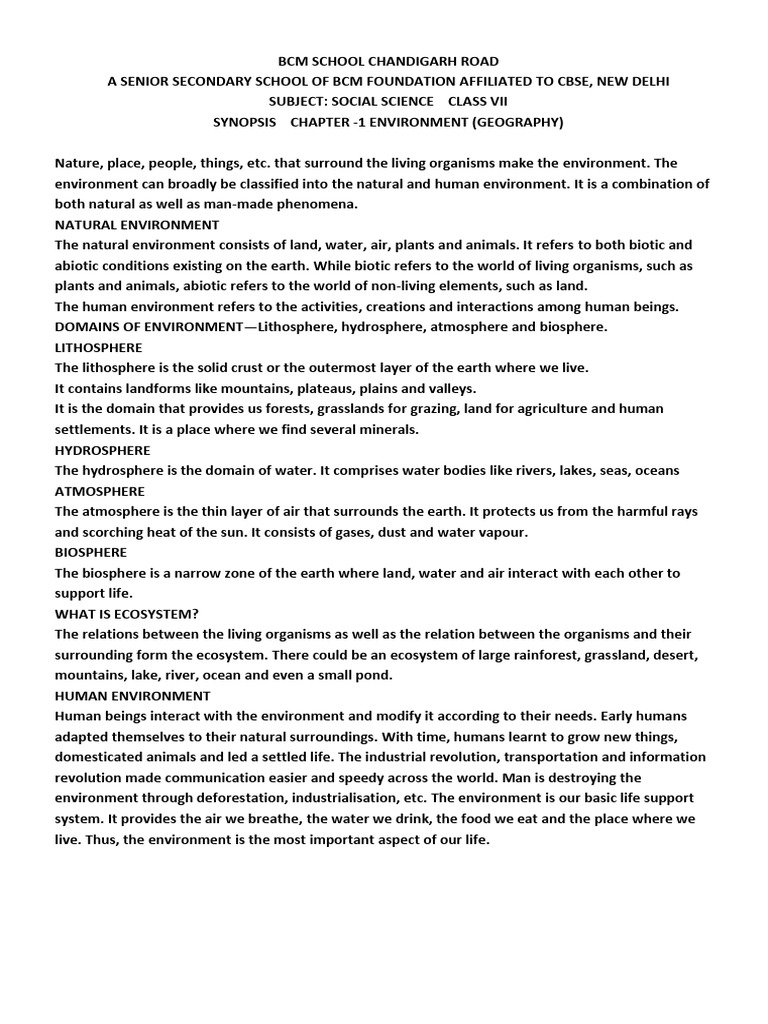 Class 7 Chapter -1 Environment Synopsis | PDF | Natural Environment | Earth