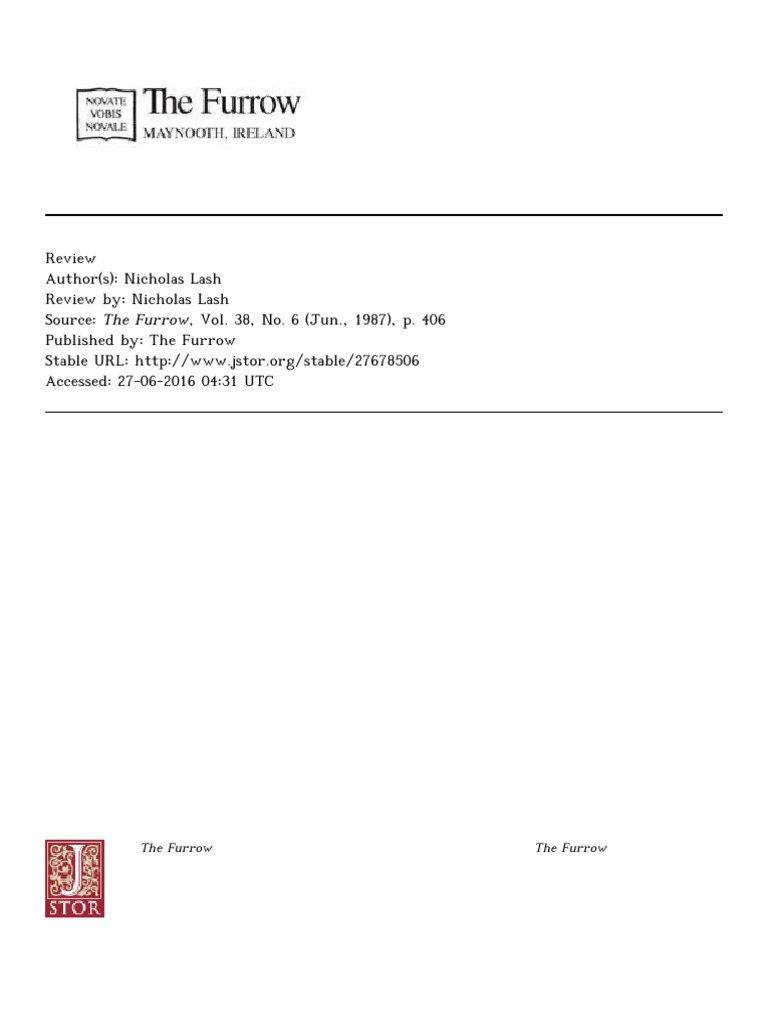 (The Furrow 1987-Jun Vol. 38 Iss. 6) Review by - Nicholas Lash - The ...