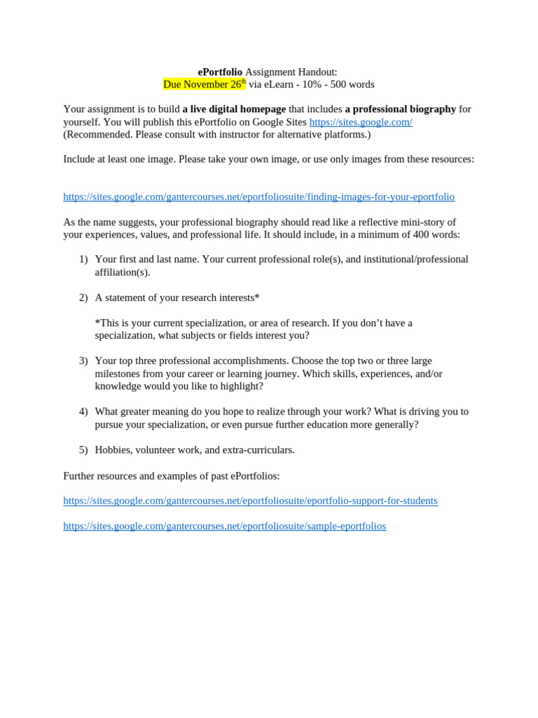 ENGL100-01-61-62 ePortfolio Assignment Handout | PDF