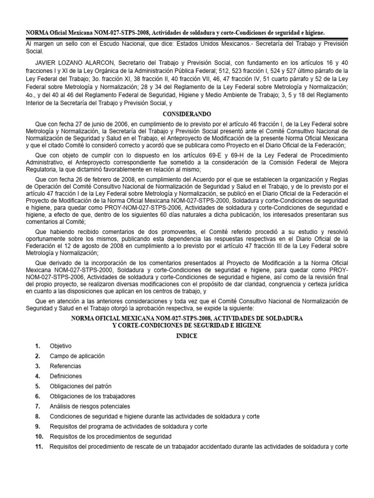 NORMA Oficial Mexicana NOM-027-STPS-2008, Actividades de Soldadura y ...