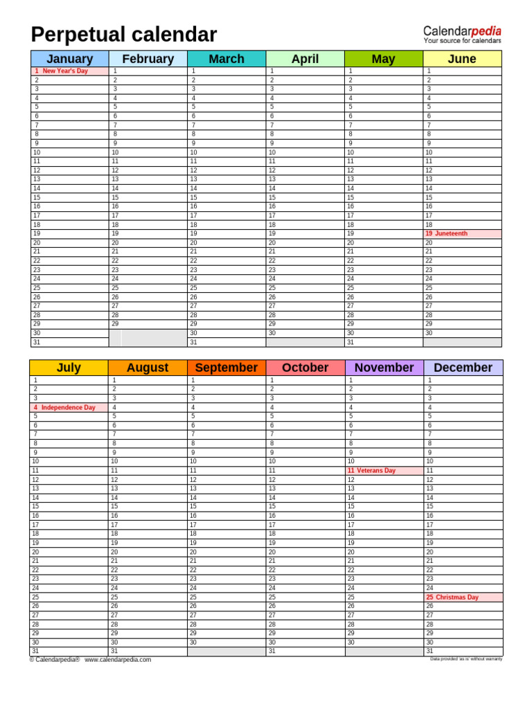 Perpetual Calendar Portrait | PDF | Secular Holidays | Observances
