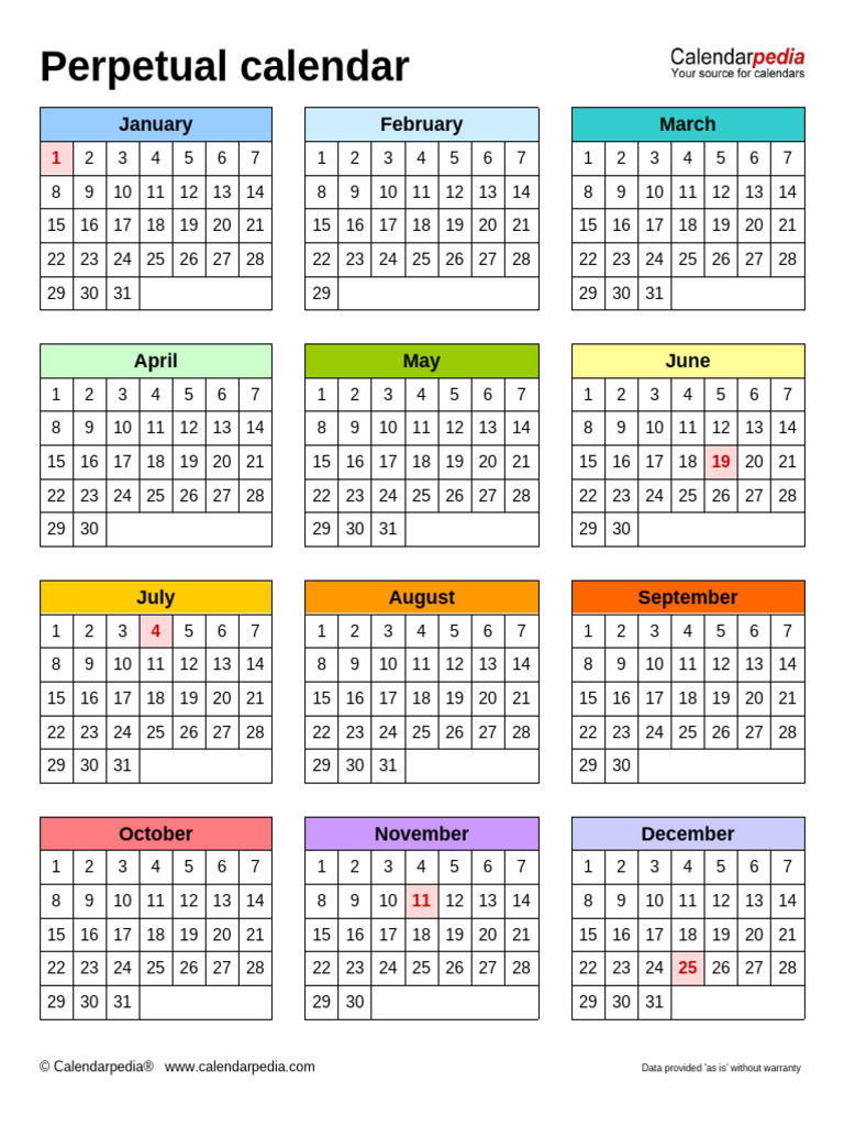 Perpetual Calendar Portrait Year at A Glance | PDF