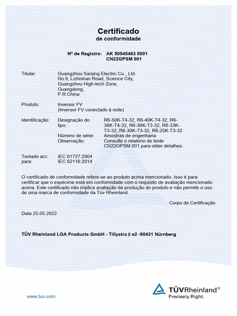 Certificado de Conformidade Inversor FV | PDF
