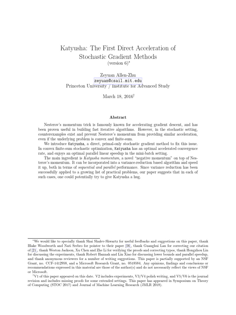Katyusha: The First Direct Acceleration of Stochastic Gradient Methods | PDF | Applied ...
