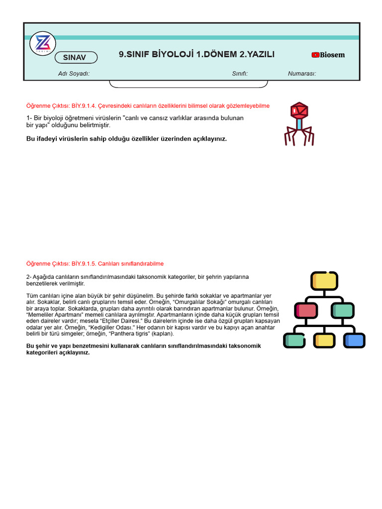 9.sinif Biyoloji 1.donem 2.yazili Sorulari PDF | PDF