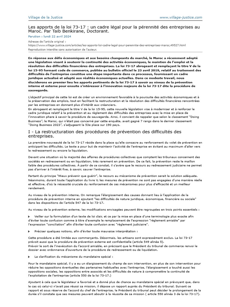 Loi 73-17 : Cadre légal pour entreprises marocaines | PDF | Business ...
