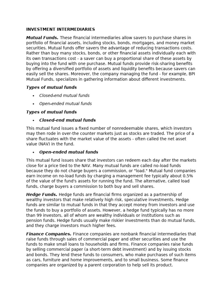 INVESTMENT INTERMEDIARIES | PDF | Mutual Funds | Investment Fund