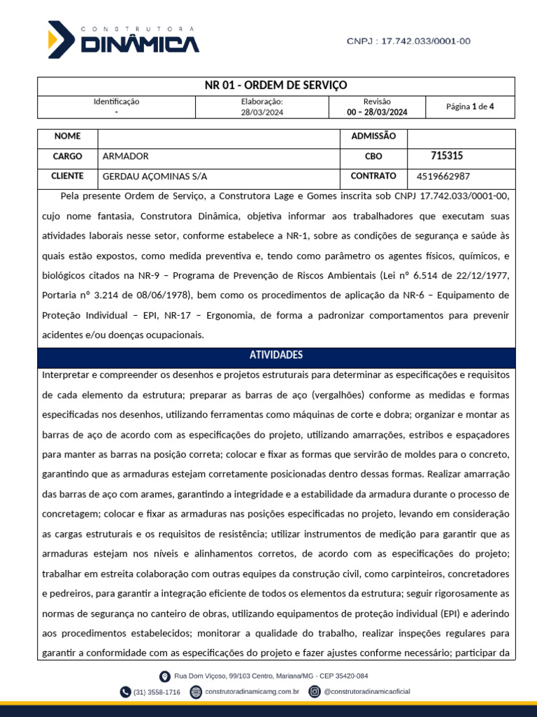 Ordem de Serviço NR 01 - Segurança no Trabalho | PDF | Segurança e ...