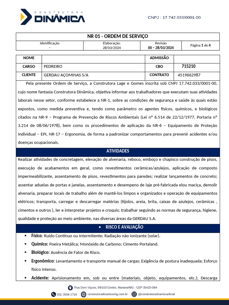 Ordem de Serviço (OS NR 01) - Pedreiro | PDF