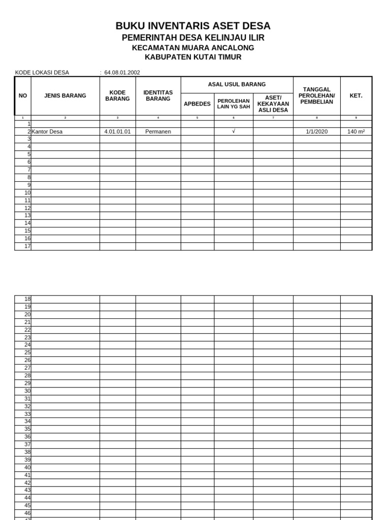 Buku Inventaris Aset Desa Kelinjau Ilir | PDF