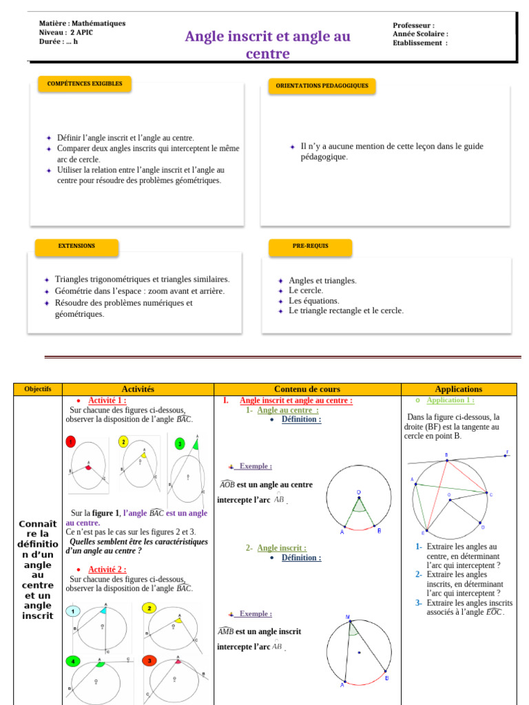 Angle Au Centre Et Angle Inscrit Fiches Pedagogiques Maths 3AC Word 2 ...